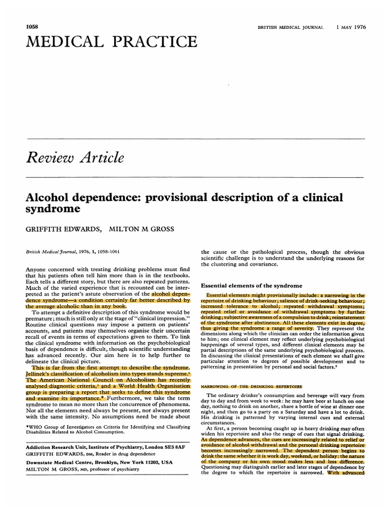 Edwards e Gross (1976) - Alcohol Dependence | PDF | Alcoholism ...