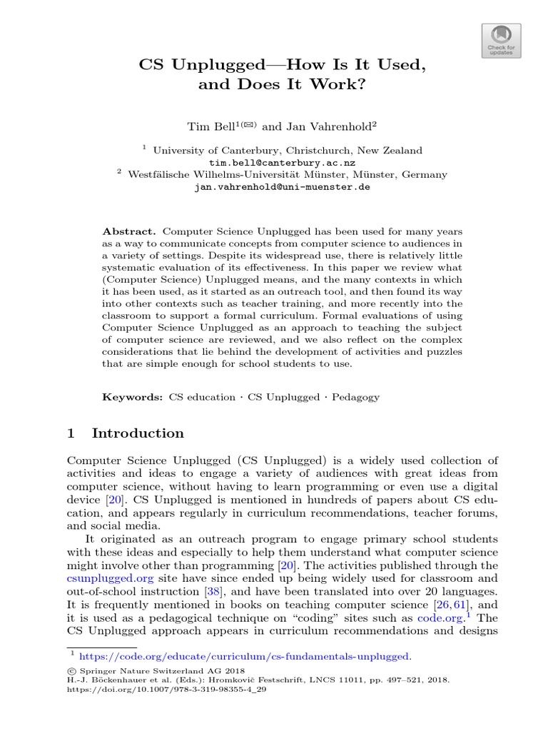 CS Unplugged-How Is It Used, and Does It Work?: Abstract. Computer ...