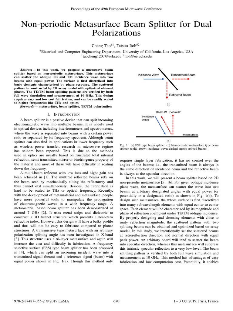 Non-Periodic Metasurface Beam Splitter For Dual | PDF | Reflection ...