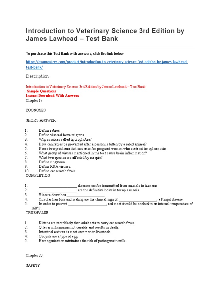 Introduction To Veterinary Science 3rd Edition by James Lawhead - Test ...
