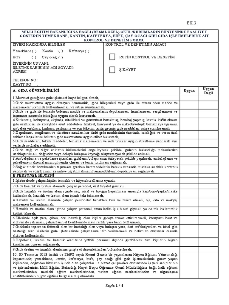 Kantin Denetimi Formu | PDF