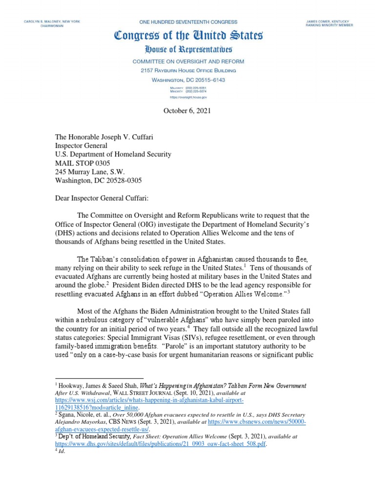 Letter To DHS OIG On Afghan Vetting | PDF | Refugee | United States ...