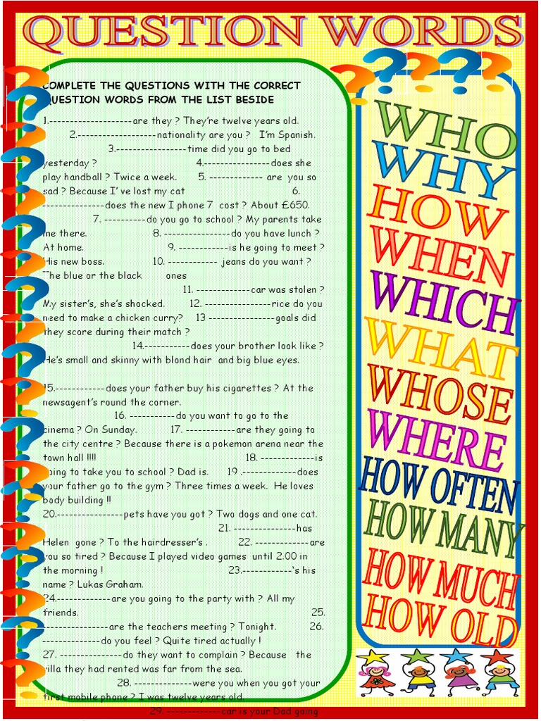 Complete The Questions With The Correct Question Words From The List ...