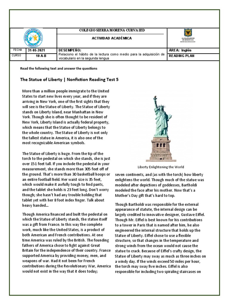 The Statue of Liberty - Nonfiction Reading Test 5: Read The Following ...