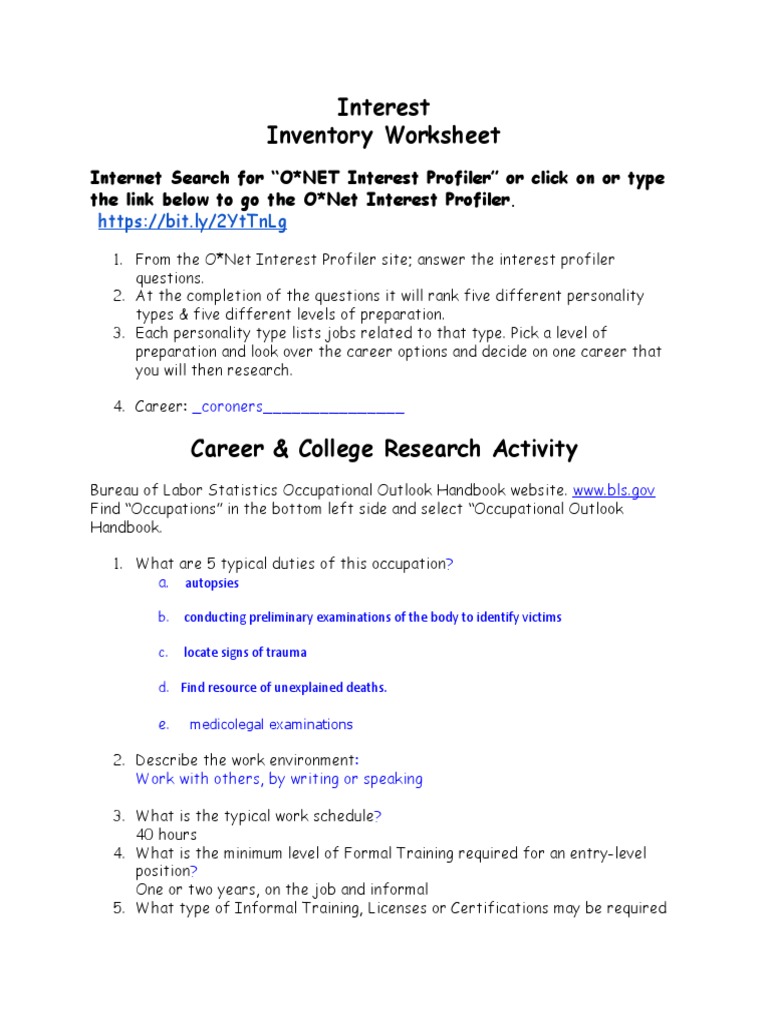 Interest Inventory Worksheet | PDF