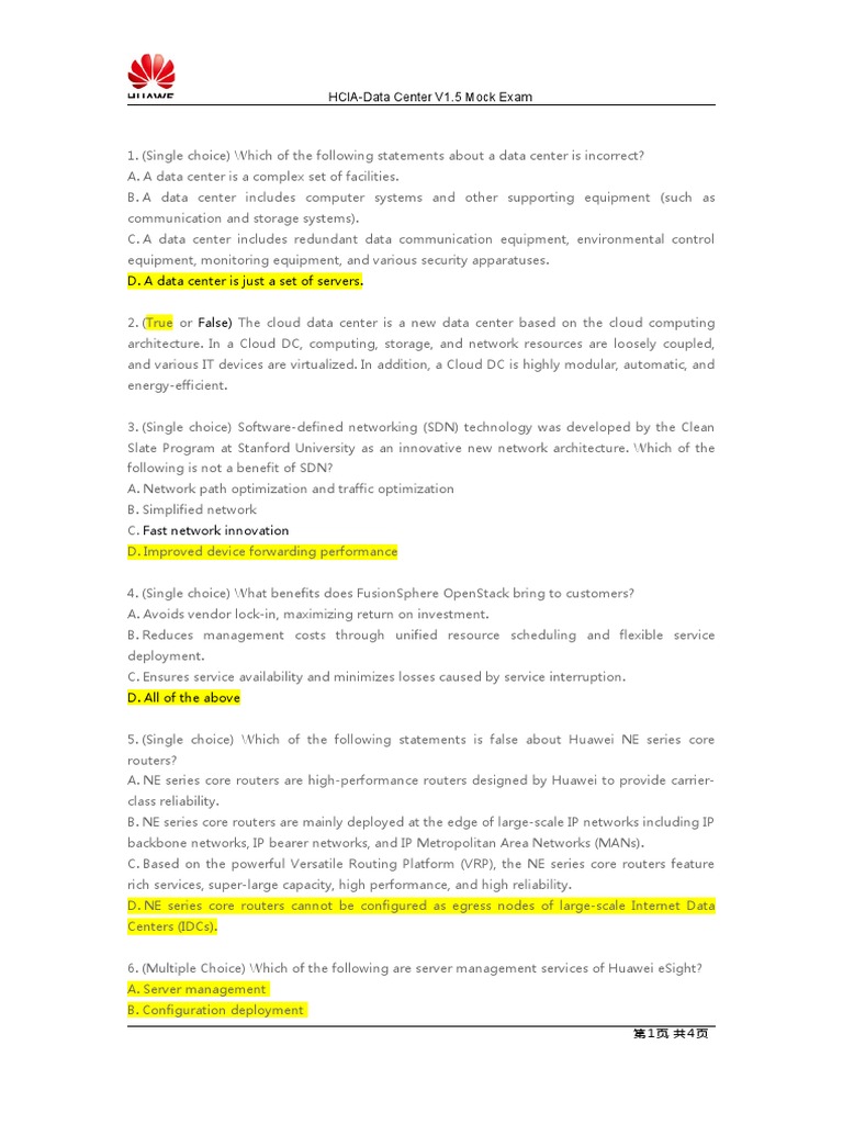 HCIA-Data Center V1.5 Mock Exam | PDF | Data Center | Computer Network