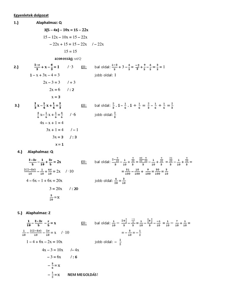 Egyenletek DOLGOZAT - MEGOLDÁSSAL | PDF
