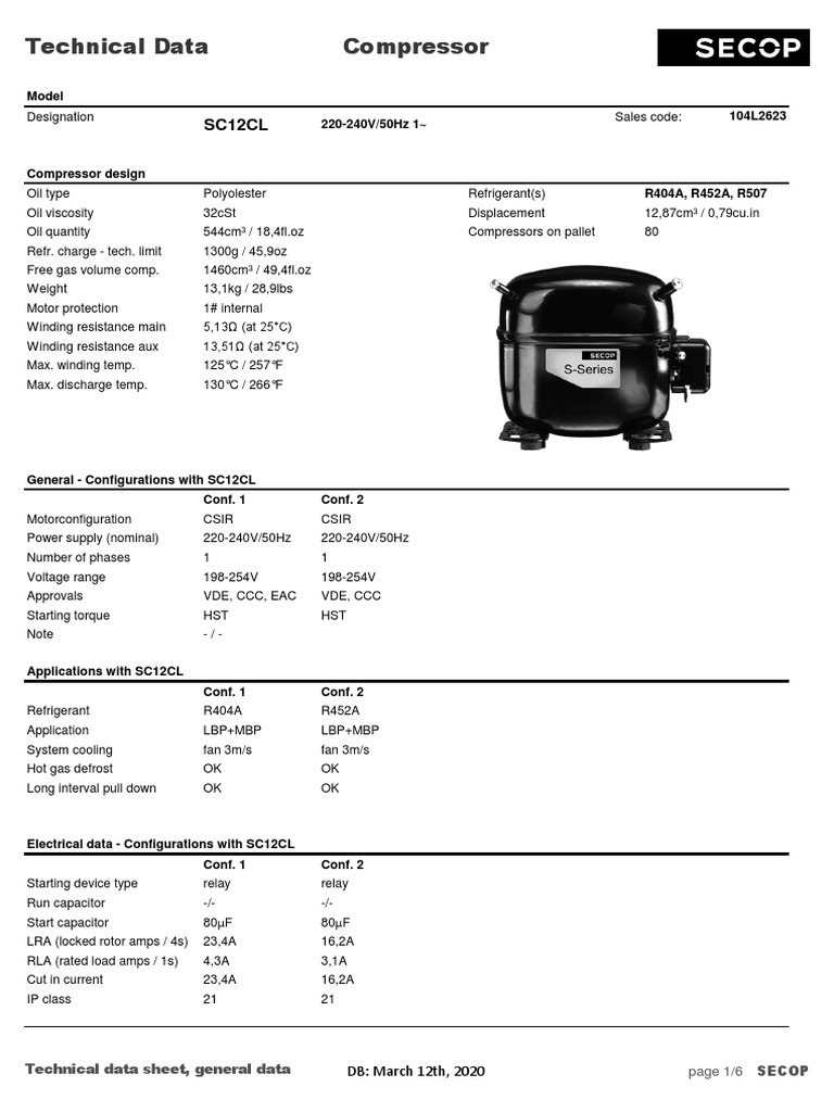 Technical Specifications and Performance Data for a Hermetic Compressor ...
