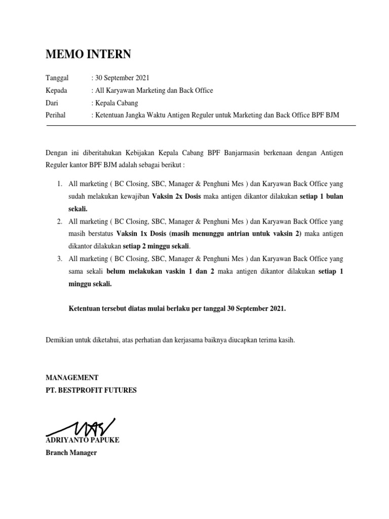 Memo Intern - Ketentuan Jangka Waktu Antigen Reguler Bagi Marketing & Back Office BPF BJM | PDF