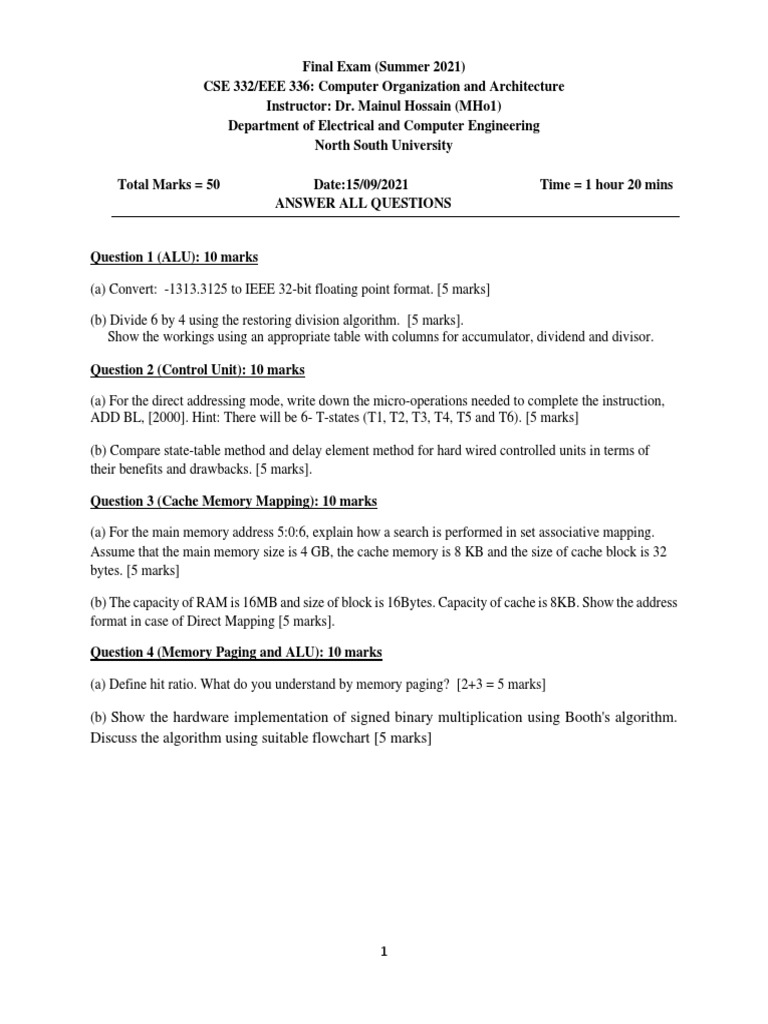 CSE-332 - Final - Summer 2021 | Download Free PDF | Central Processing Unit | Office Equipment