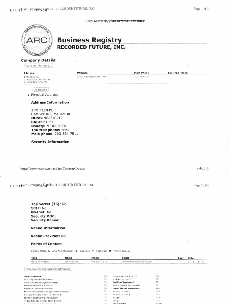 NSA's ARC Entry For Recorded Future | PDF | Computing | Business