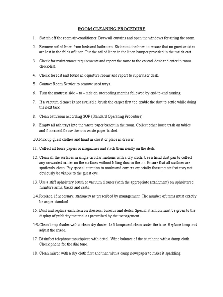 Hotel Room Cleaning Procedure Guide | PDF | Vacuum Cleaner | Dust