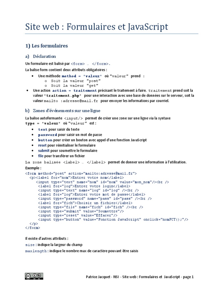 Cours Web Formulaires Javascript | PDF | JavaScript | Langage de balisage