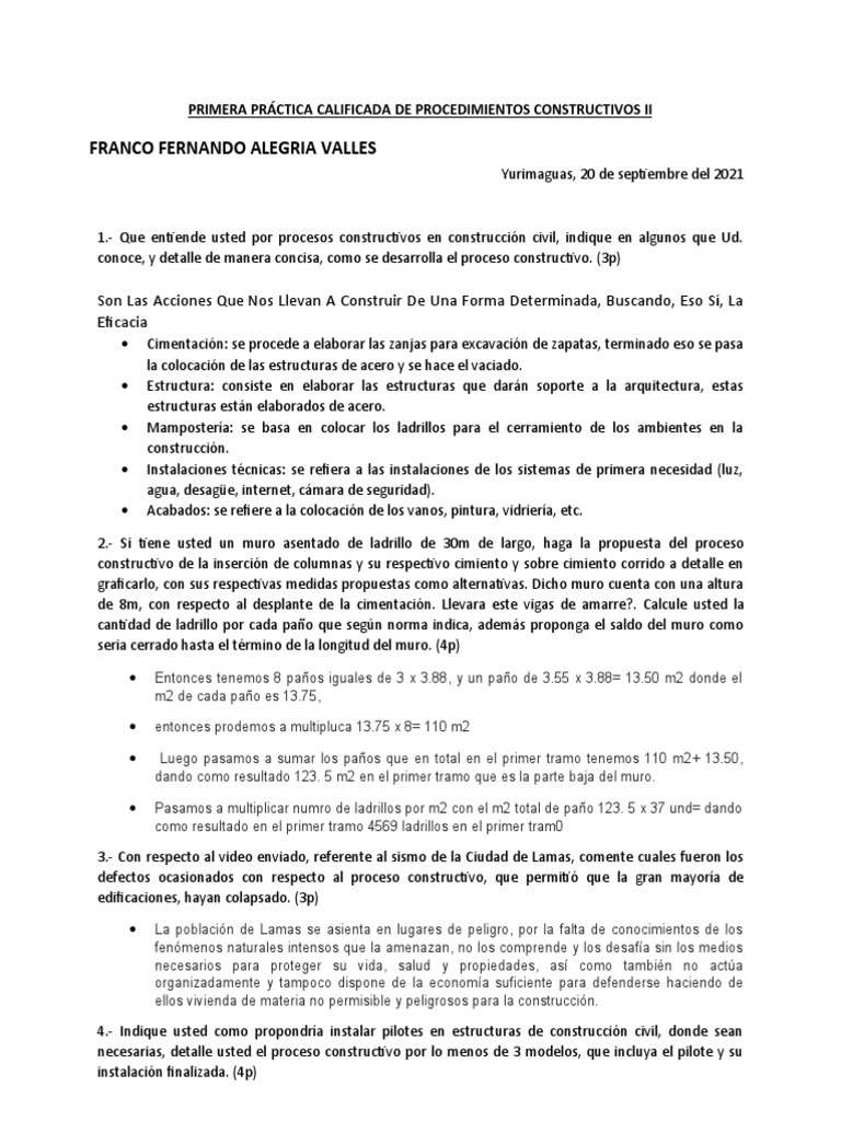 Primera Practica Calificada de Procedimientos Constructivos Ii | PDF ...