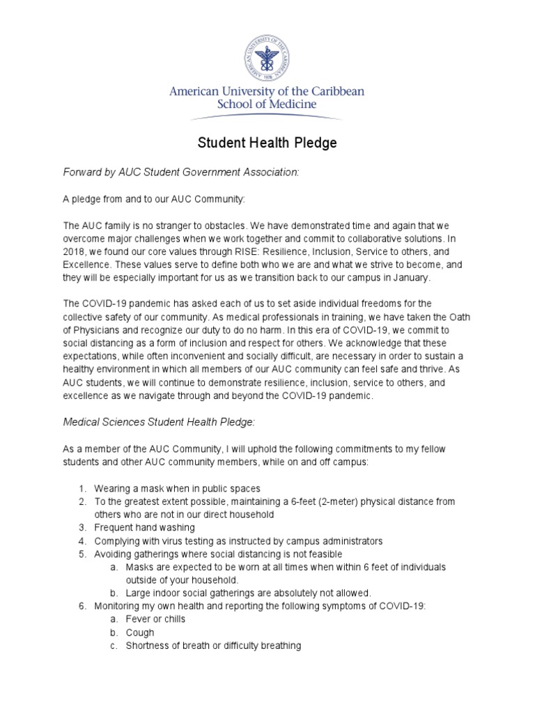 AUC Student Health Commitment Pledge | PDF | Health Care | Clinical ...