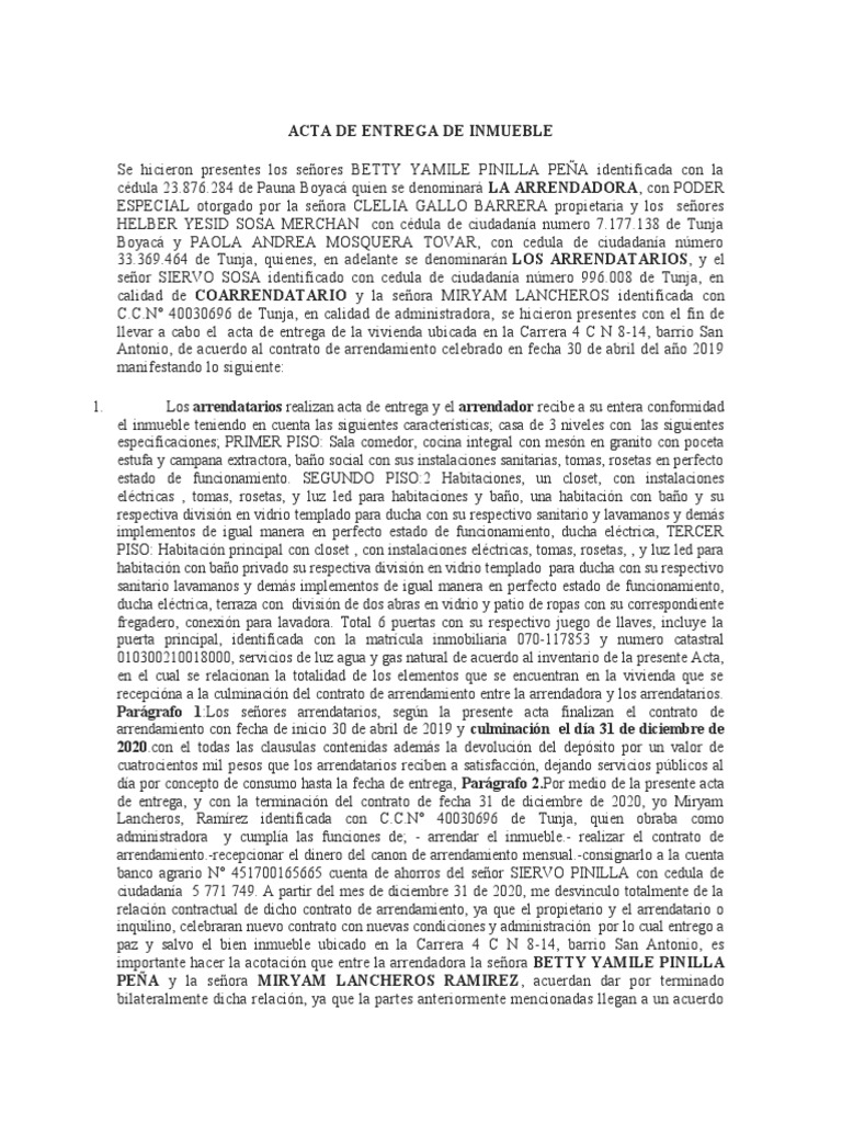 Acta de Entrega de Inmueble Corregida | PDF | Hogar, jardinería y bricolaje