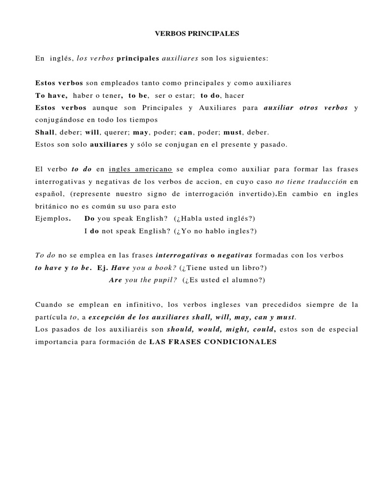 Los Verbos Principales y Auxiliares | PDF | Verbo | Gramática