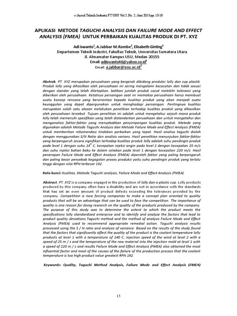 Aplikasi Metode Taguchi Analysis Dan Failure Mode and Effect | PDF