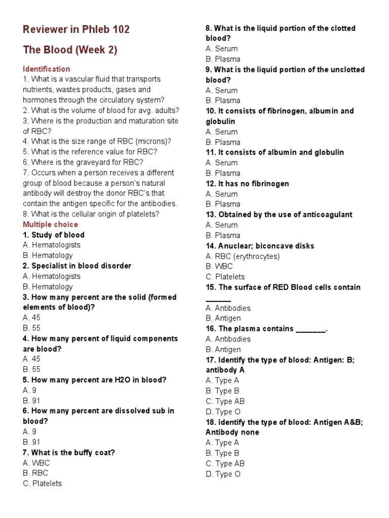 Reviewer in Phleb 102 (Week 2) | PDF | White Blood Cell | Blood Plasma