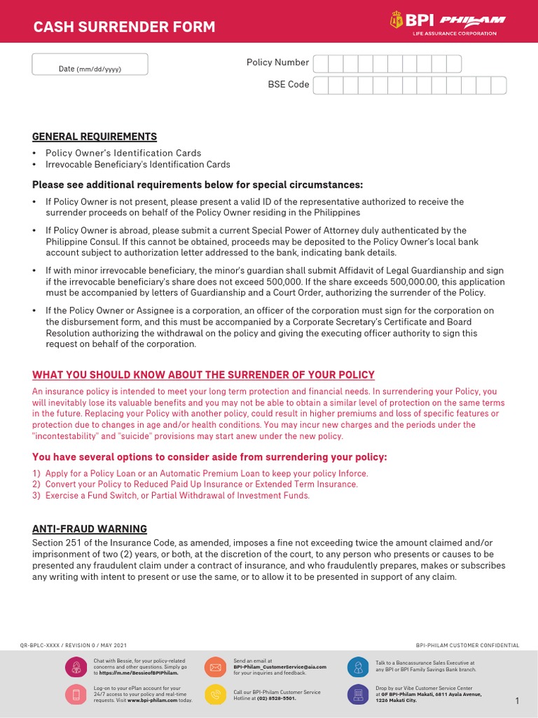 Cash Surrender Form for Policy Number XXXX - Instructions and Requirements for Surrendering a ...