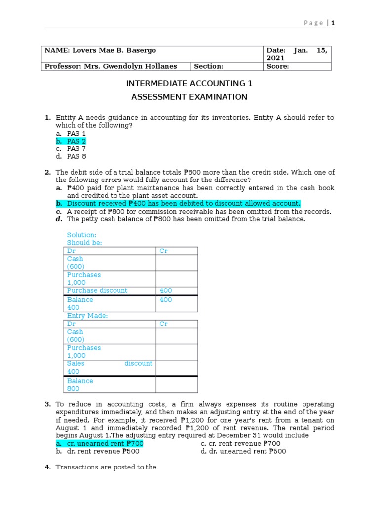 Intermediate Accounting 1 Assessment Examination | PDF | Stocks ...