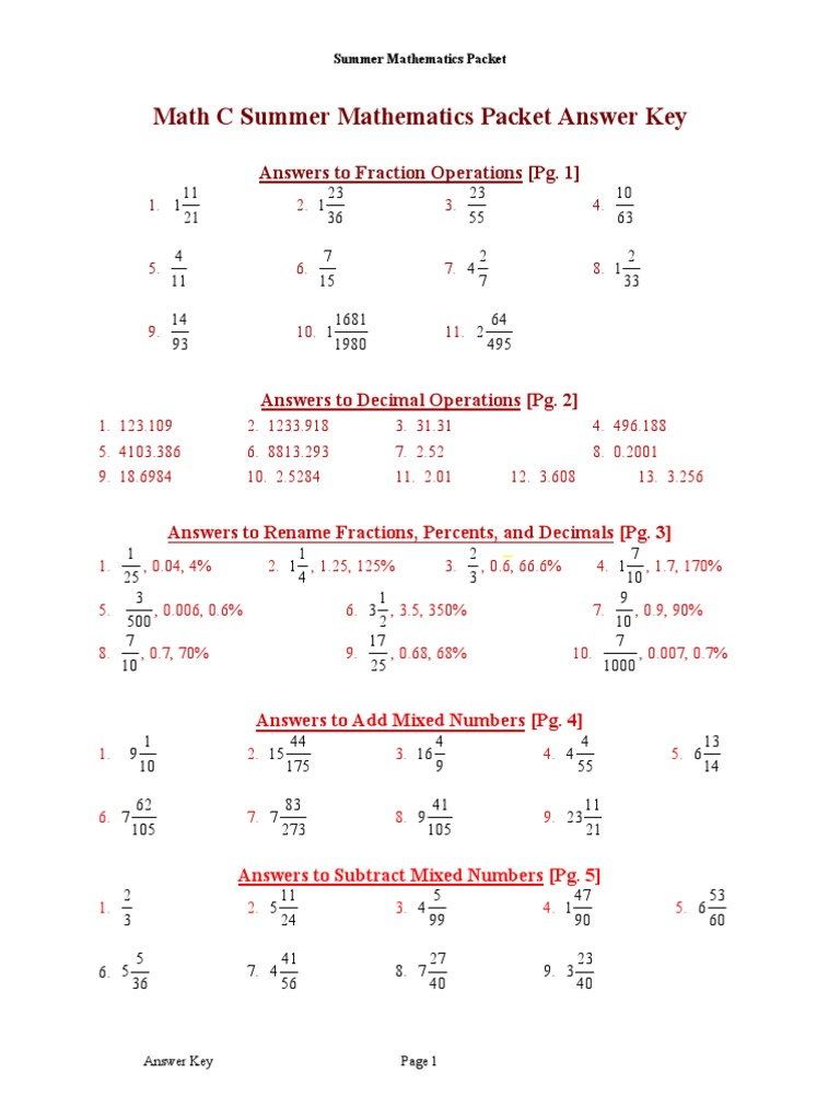 Math C Summer Mathematics Packet Answer Key: Answers To Fraction ...