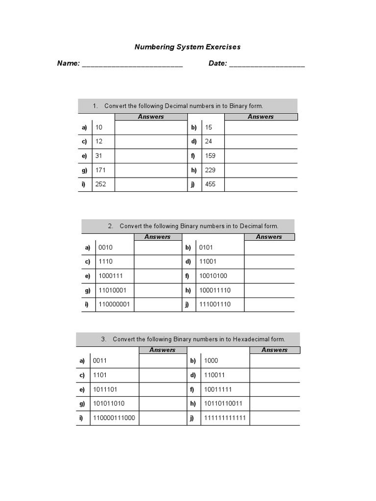 Numbering System Exercises | PDF