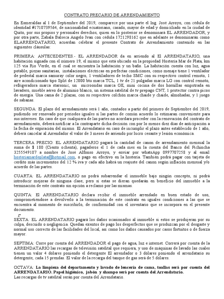 Contrato Precario de Arrendamiento Habitacion | PDF
