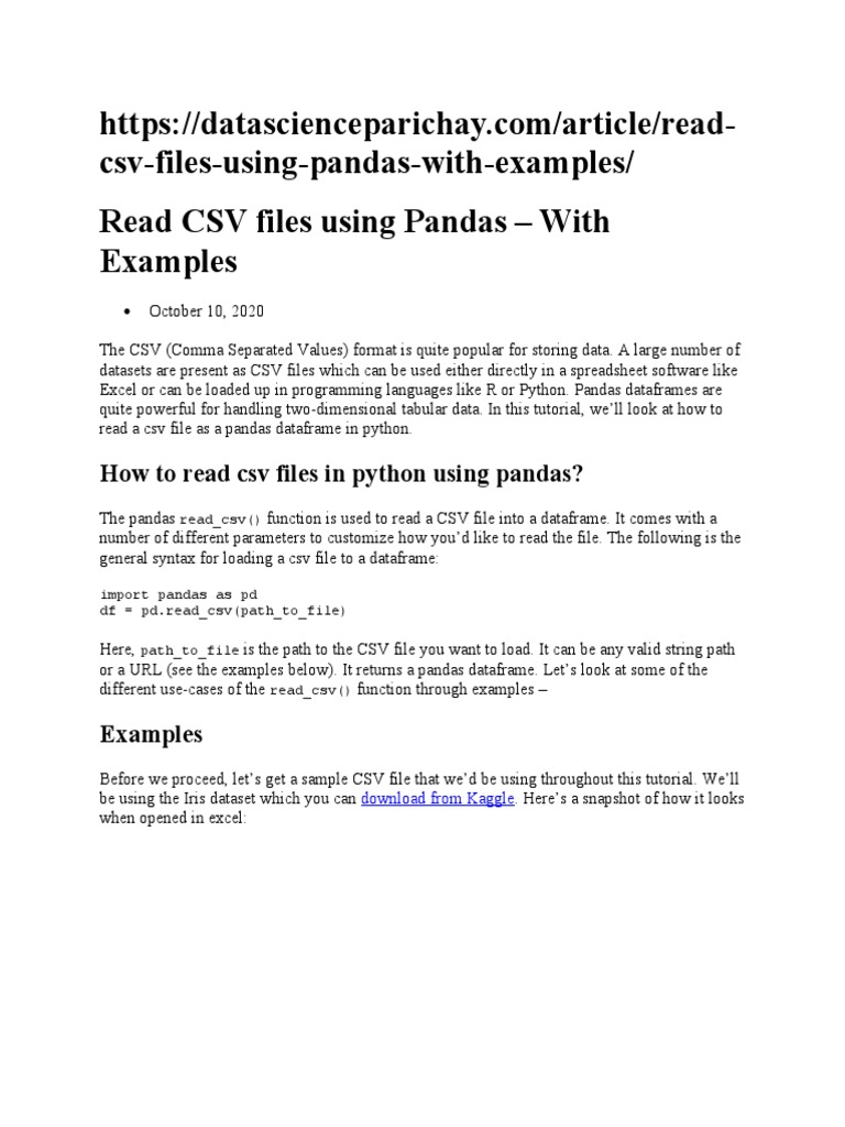 Csv Files Using Pandas With Examples Read Csv Files Using Pandas With Examples Pdf Comma