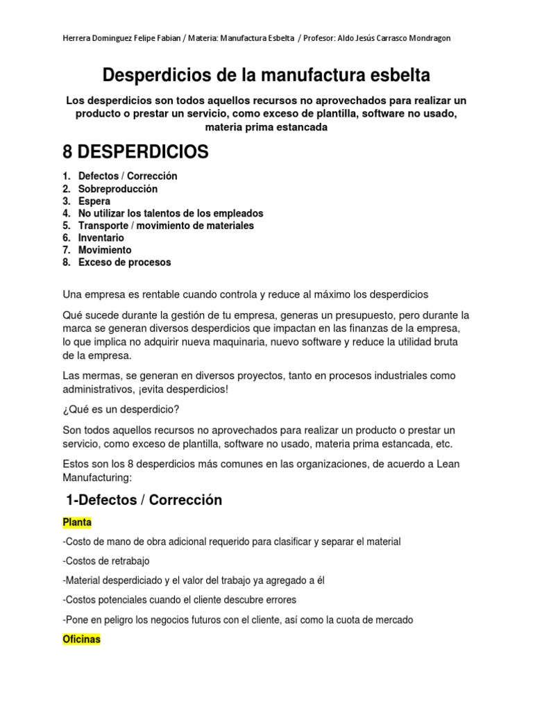8 Desperdicios de La Manufactura Esbelta | PDF | Lean Manufacturing | Economias