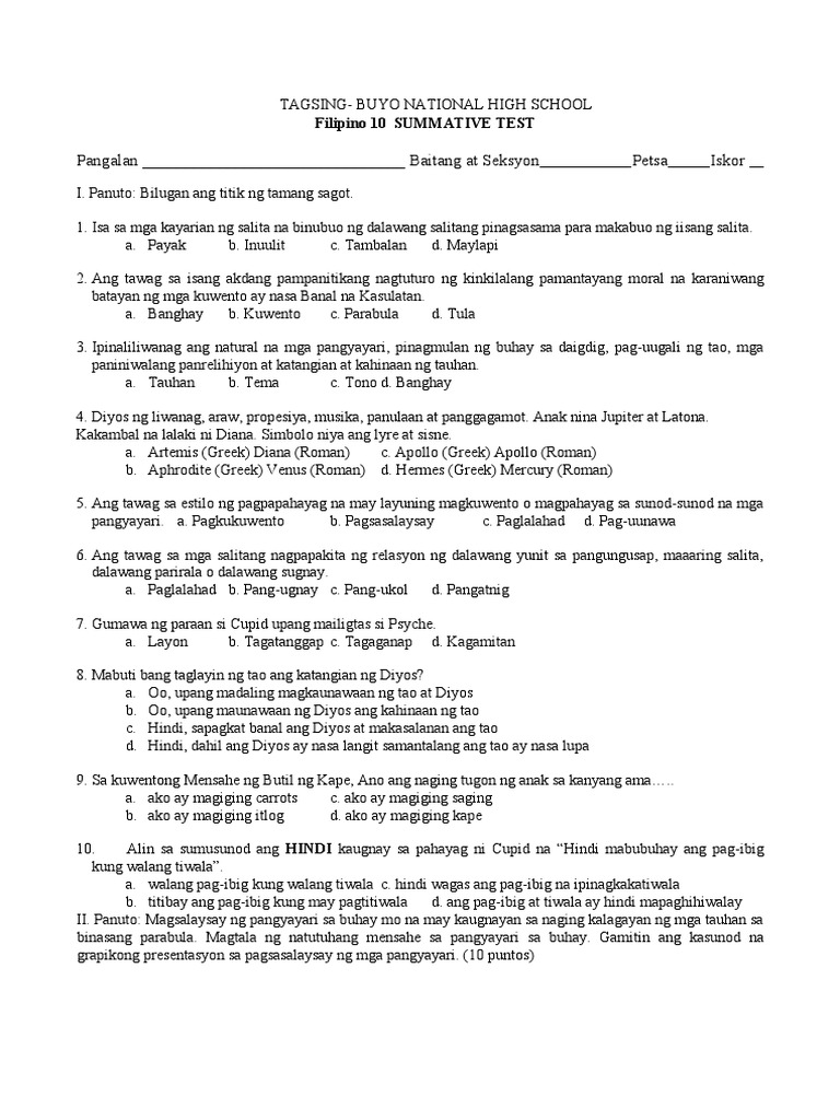Fil10 Q1 Unang-Lagumang-Pagsusulit | PDF