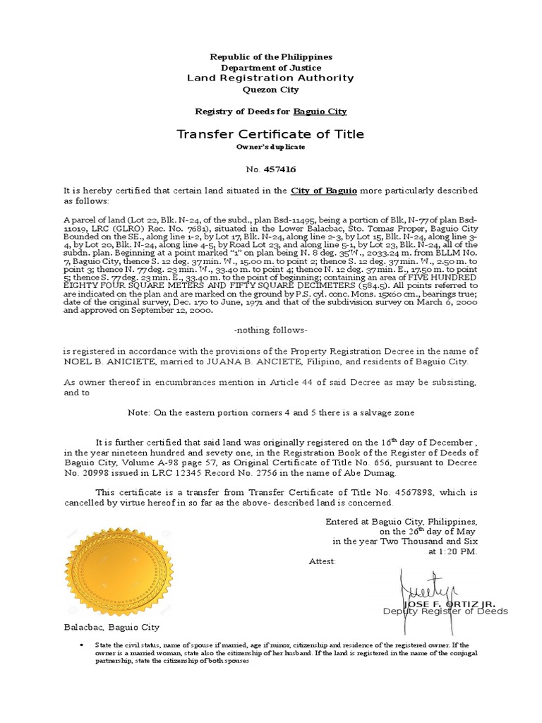 Transfer Certificate of Title PDF Free | PDF | Property | Land Law