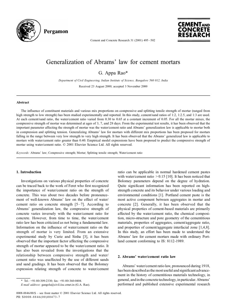 Generalization of Abrams' Law For Cement Mortars: G. Appa Rao | PDF ...