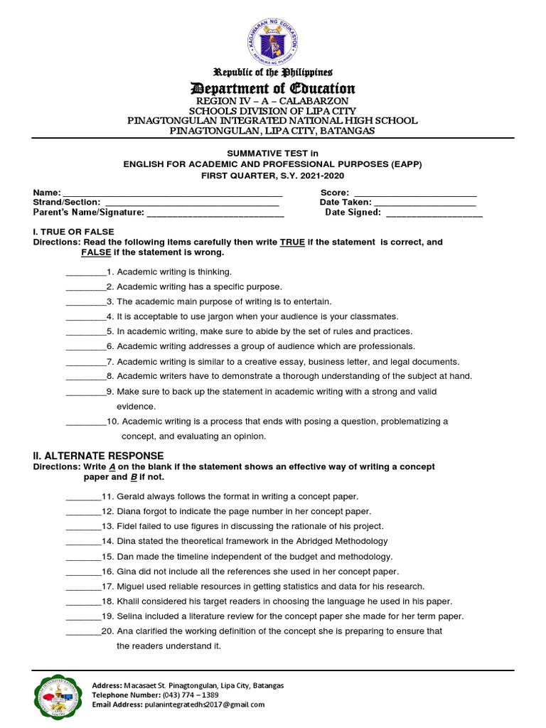 Summative Test Eapp q1 Week 1 3 2021 2022 | PDF | Educational ... Summative Test Eapp q1 Week 1 3 2021 2022 | PDF | Educational ...