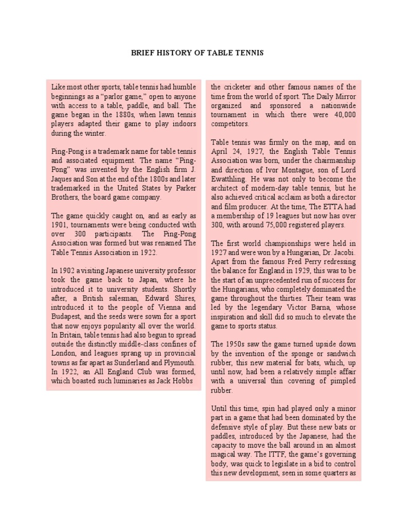 Brief History of Table Tennis | PDF | Table Tennis | Ball Games