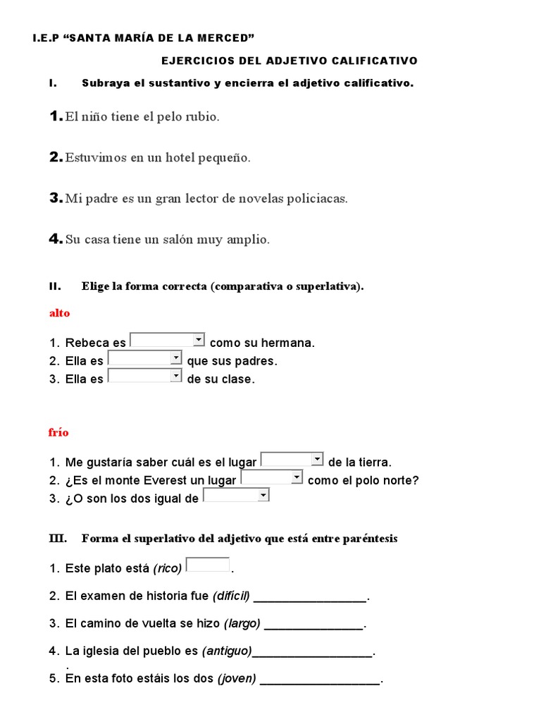 Ejercicios de Adjetivos Calificativos | PDF | Artes del Lenguaje y ...