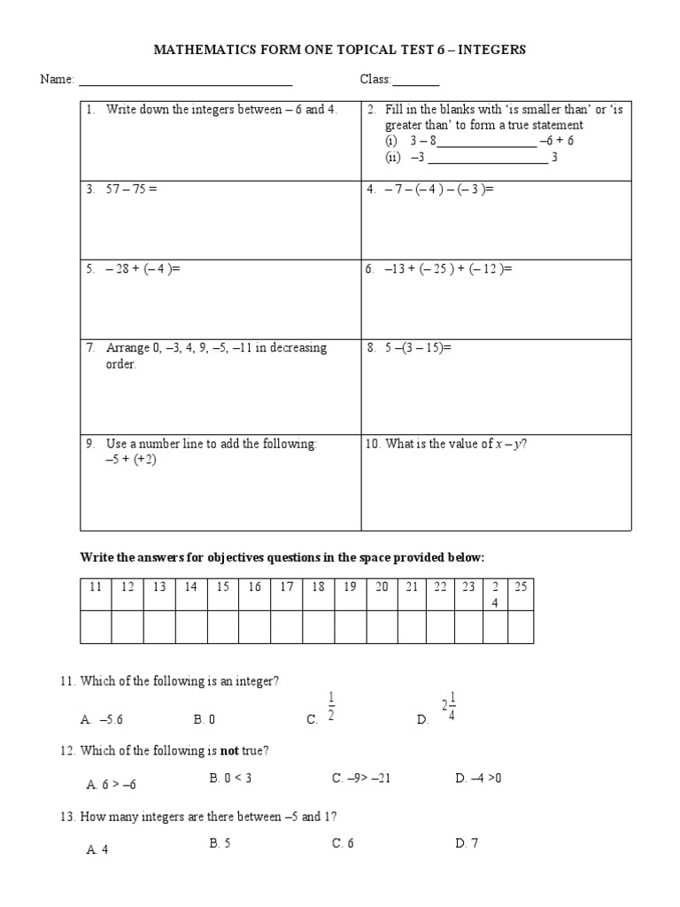 Form One Mathematics Test on Integers | PDF | Numbers | Teaching ...
