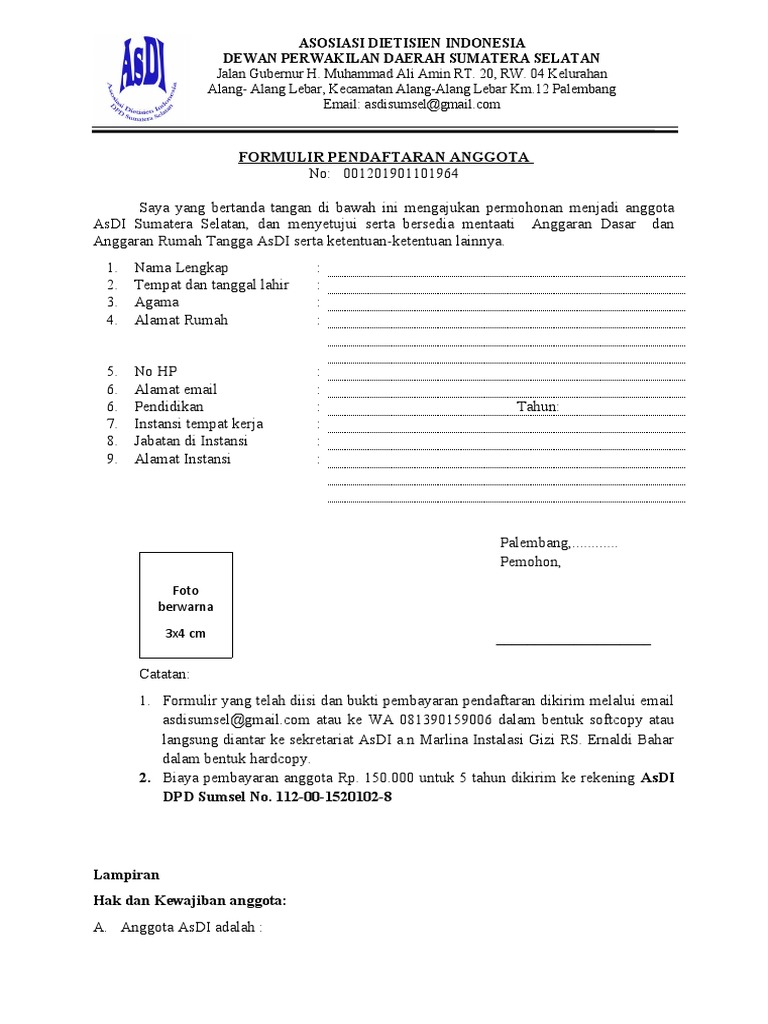 FORMULIR PENDAFTARAN ANGGOTA AsDI | PDF