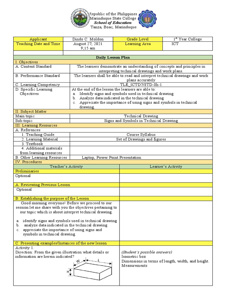Daily Lesson Plan: School of Education | PDF | Technical Drawing | Learning