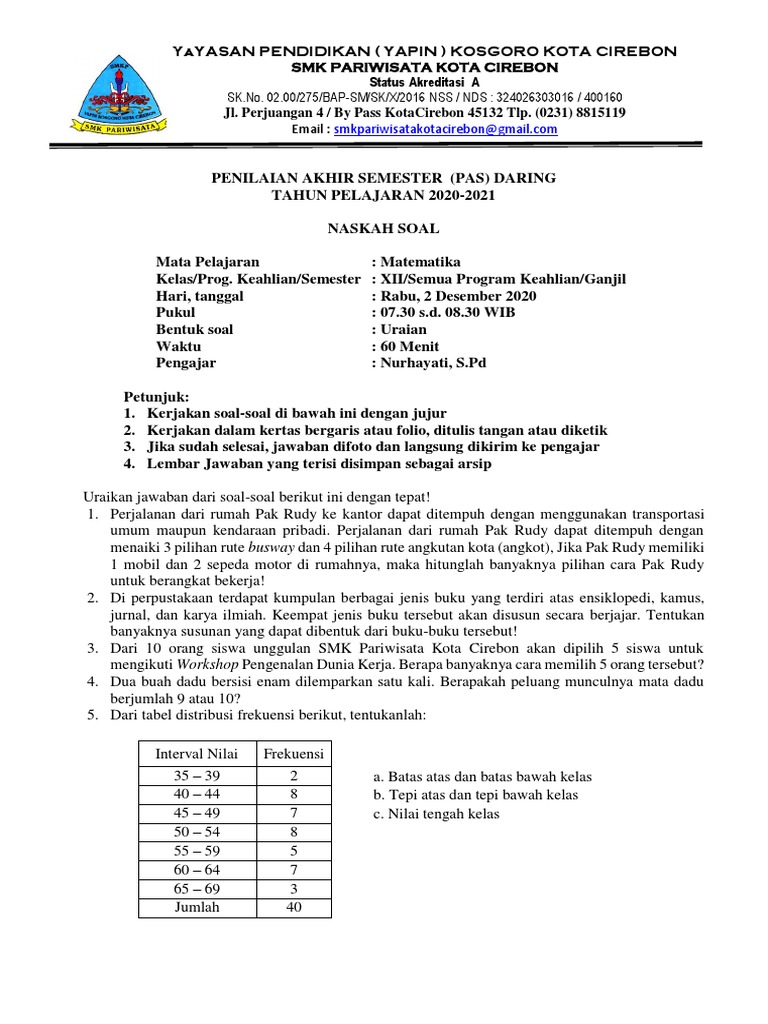 Soal PAS MTK Kelas XII Ganjil 20-21 | PDF