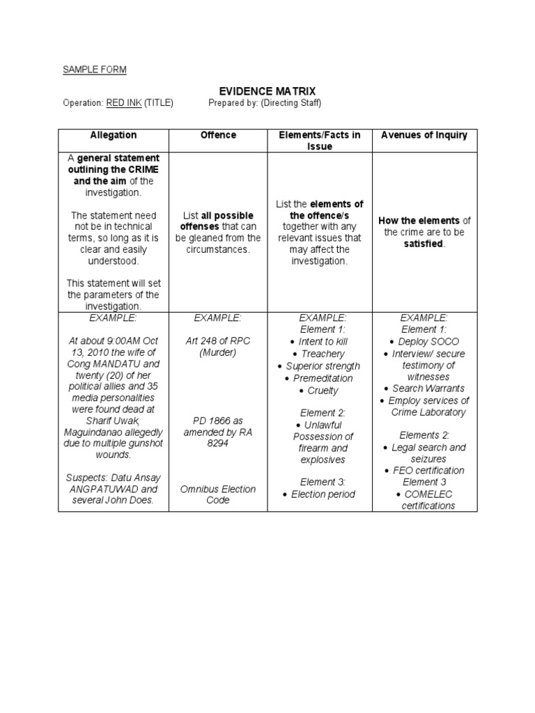 Sample Form Evidence Matrix | PDF | Crime & Violence | Crimes