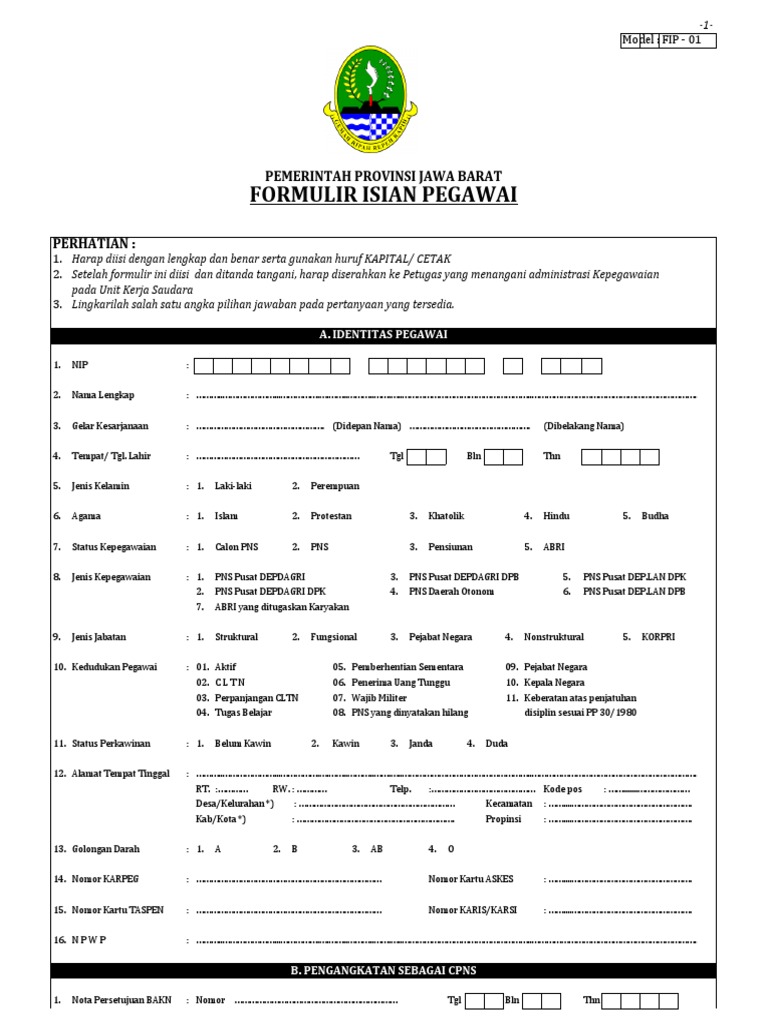 Formulir Isian Pegawai: Pemerintah Provinsi Jawa Barat | PDF