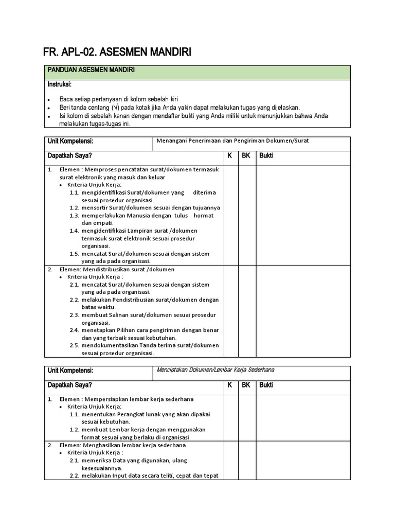 Fr. Apl-02. Asesmen Mandiri | PDF