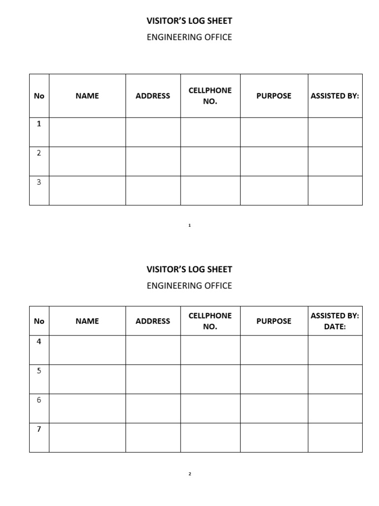 Engineering Office: Visitor'S Log Sheet | PDF