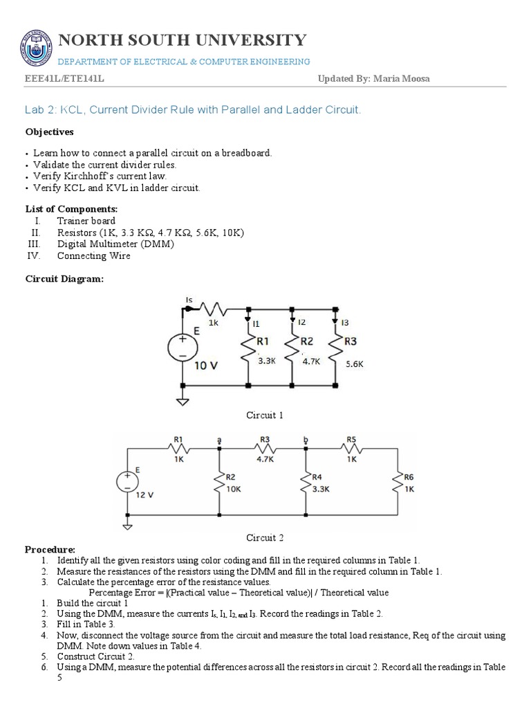 North South University: Lab 2: KCL, Current Divider Rule With Parallel and Ladder Circuit | PDF ...