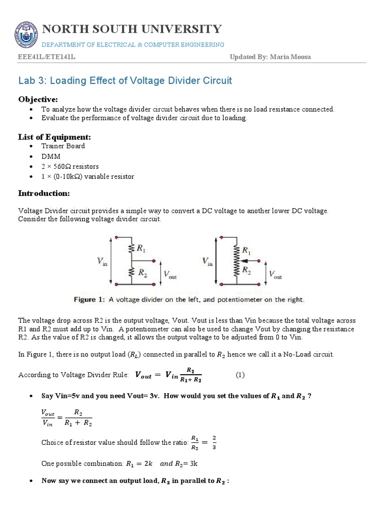 North South University: Lab 3: Loading Effect of Voltage Divider Circuit | PDF | Physical ...