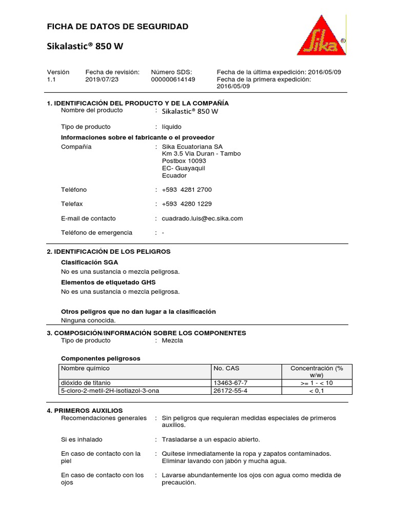 Sikalastic 850 W MSDS - 0617472700 | PDF | Toxicidad | Agua