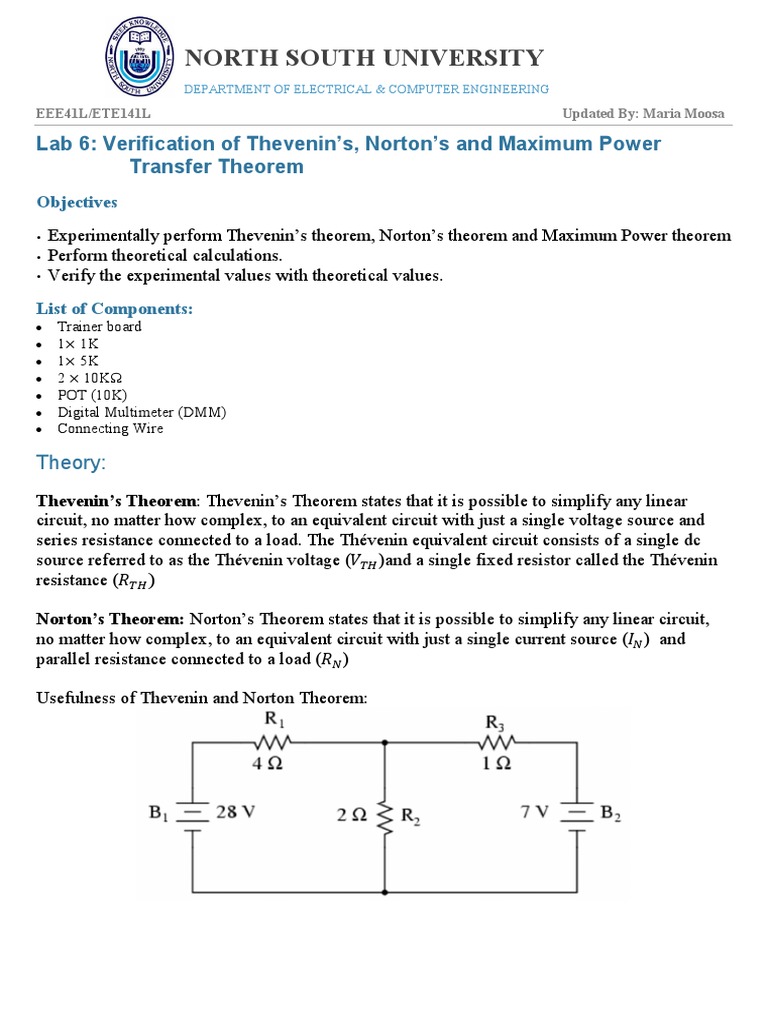 North South University: Lab 6: Verification of Thevenin's, Norton's and ...