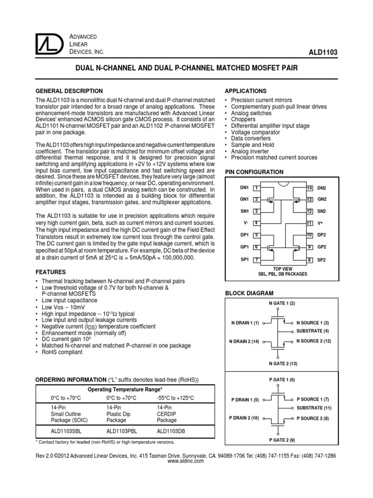 ALD1103 Dual N-Channel and Dual P-Channel Matched Mosfet Pair | PDF ...
