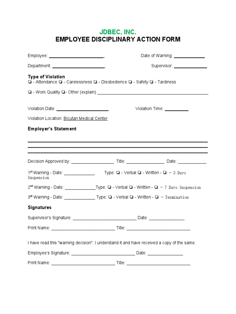 Employee Disciplinary Action Form: Jdbec, Inc | PDF